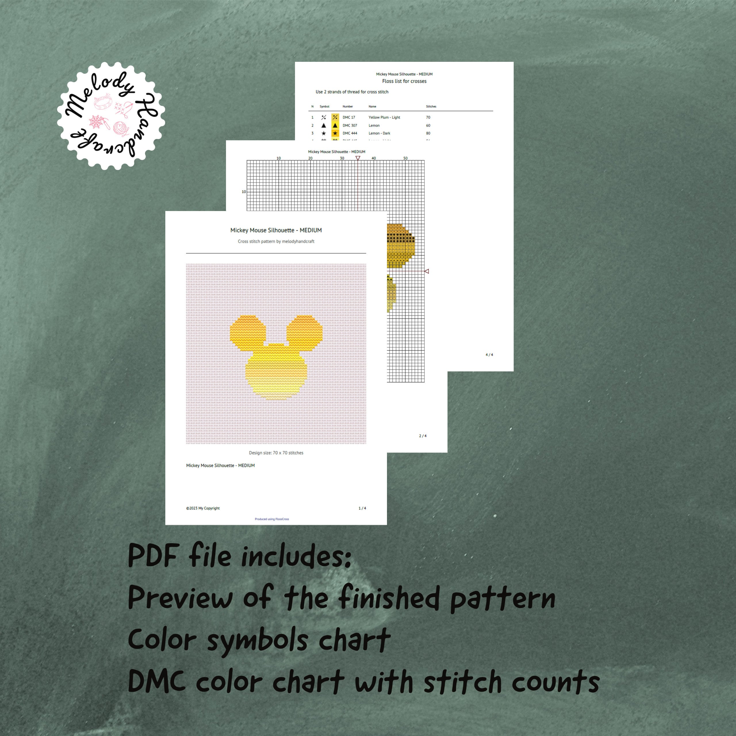 Yellow Gradient Mickey Mouse Silhouette Cross Stitch Pattern PDF ...
