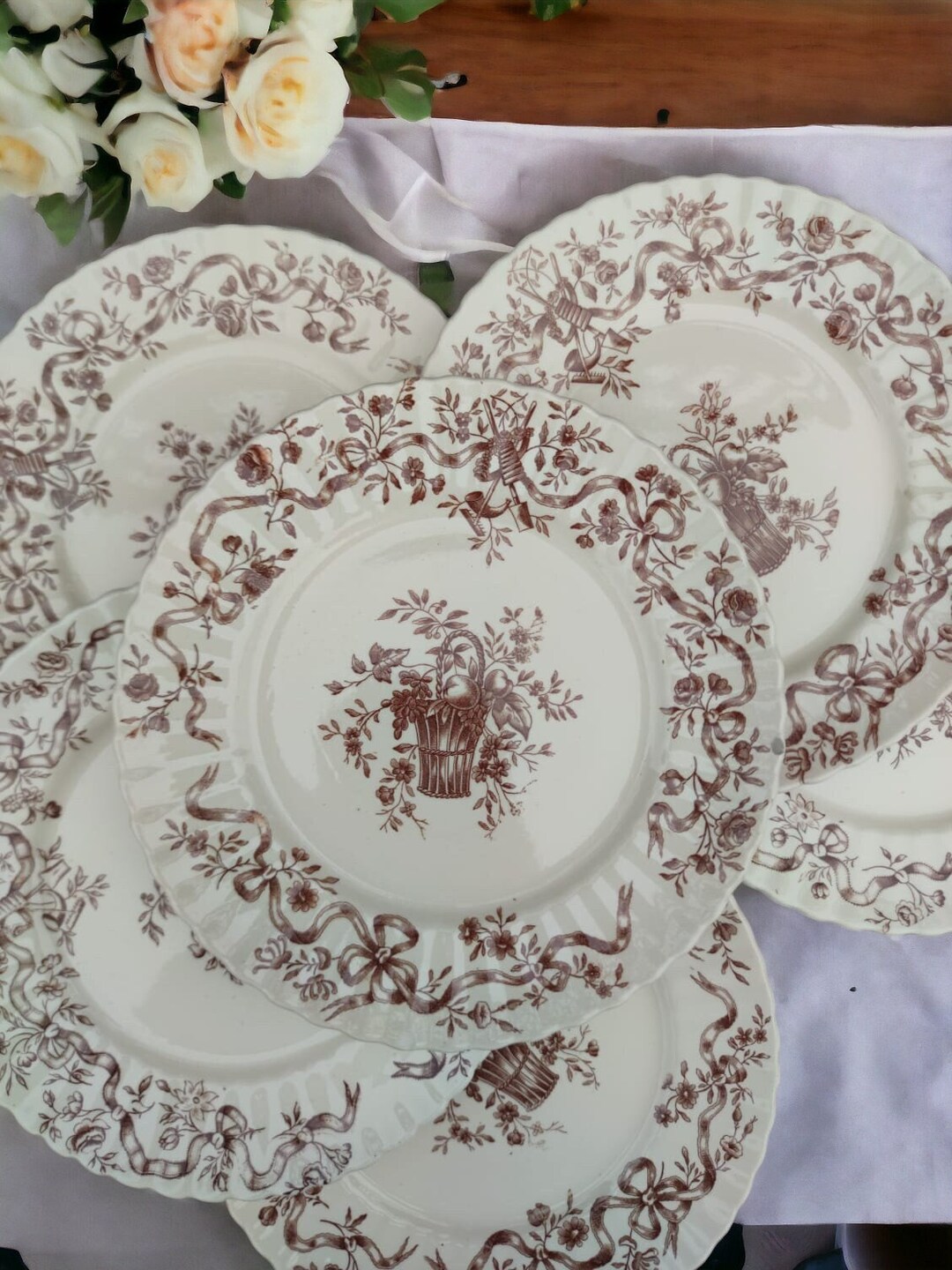 Six Longchamp Flat Dessert Plates in Earthenware, "rubans" Model in ...