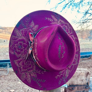 Maroon Custom Burned Rancher Hat With Aztec and Leather Hat - Etsy