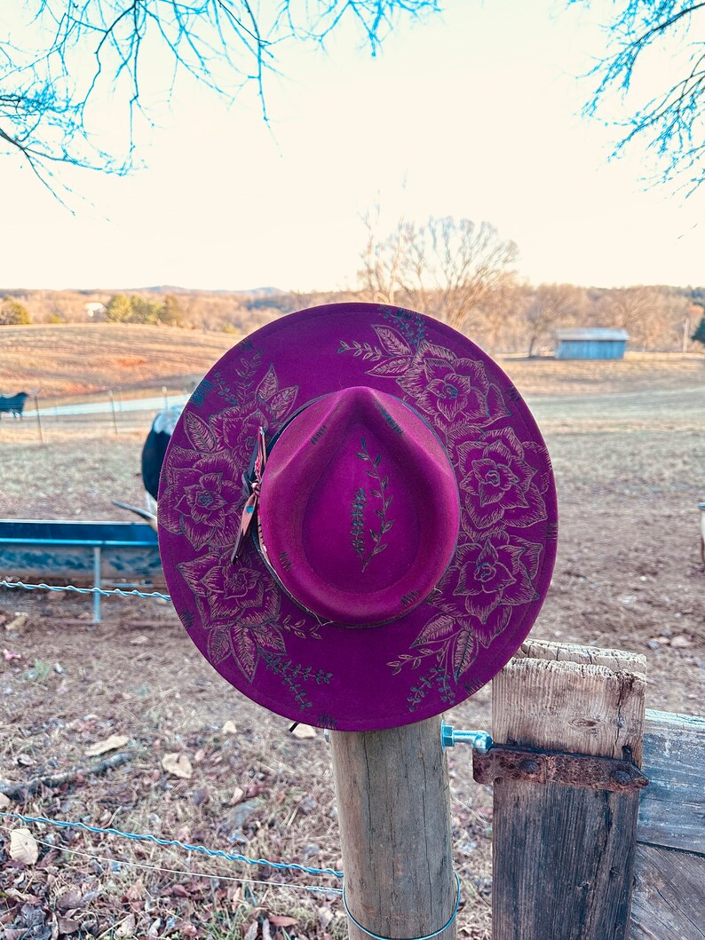 Maroon Custom Burned Rancher Hat With Aztec and Leather Hat - Etsy