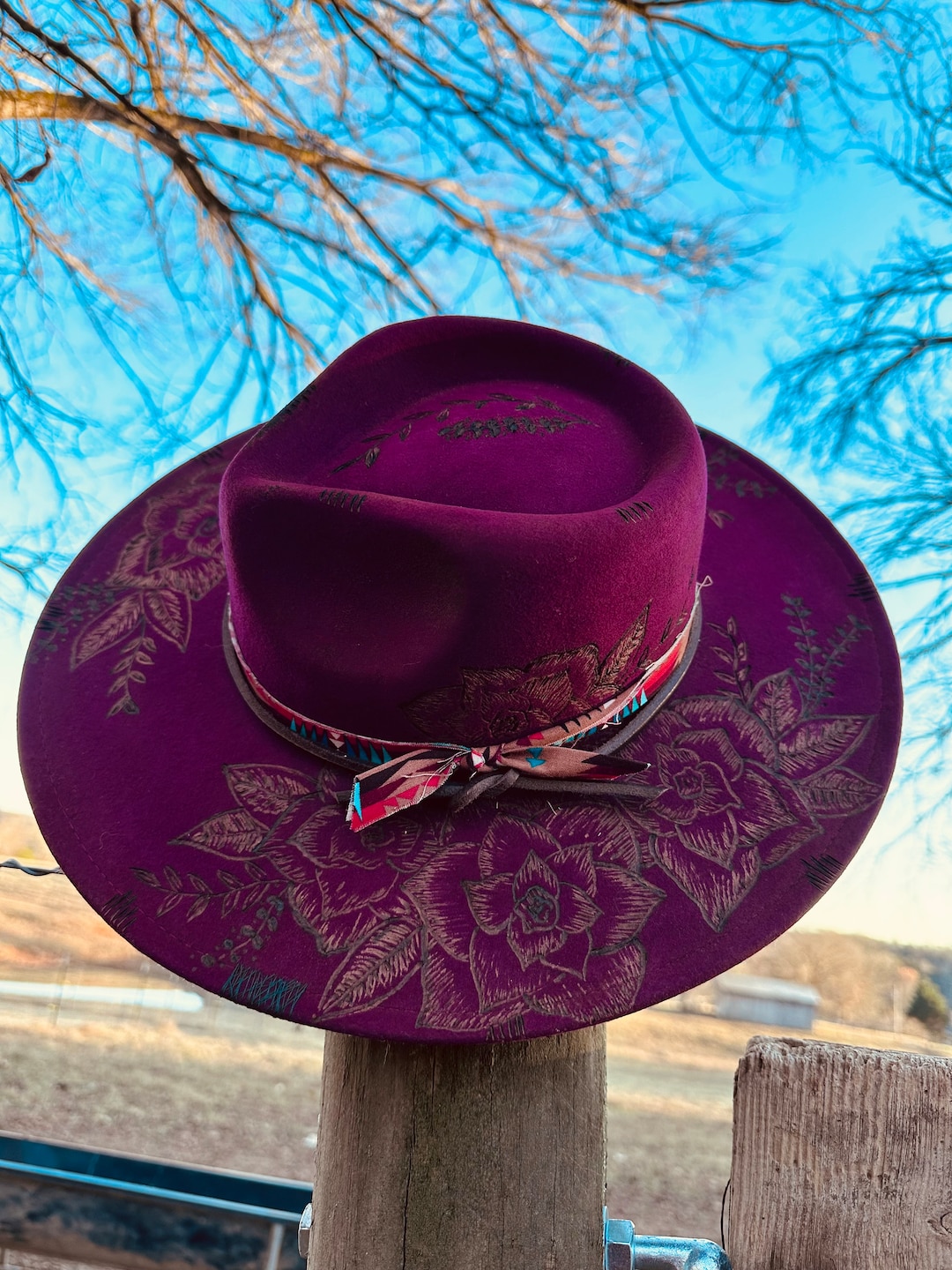Maroon Custom Burned Rancher Hat With Aztec and Leather Hat - Etsy