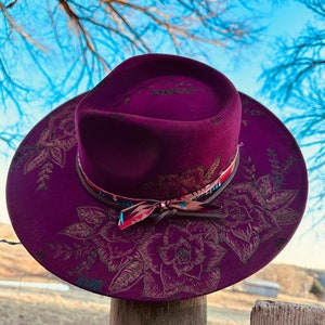 Maroon Custom Burned Rancher Hat With Aztec and Leather Hat - Etsy
