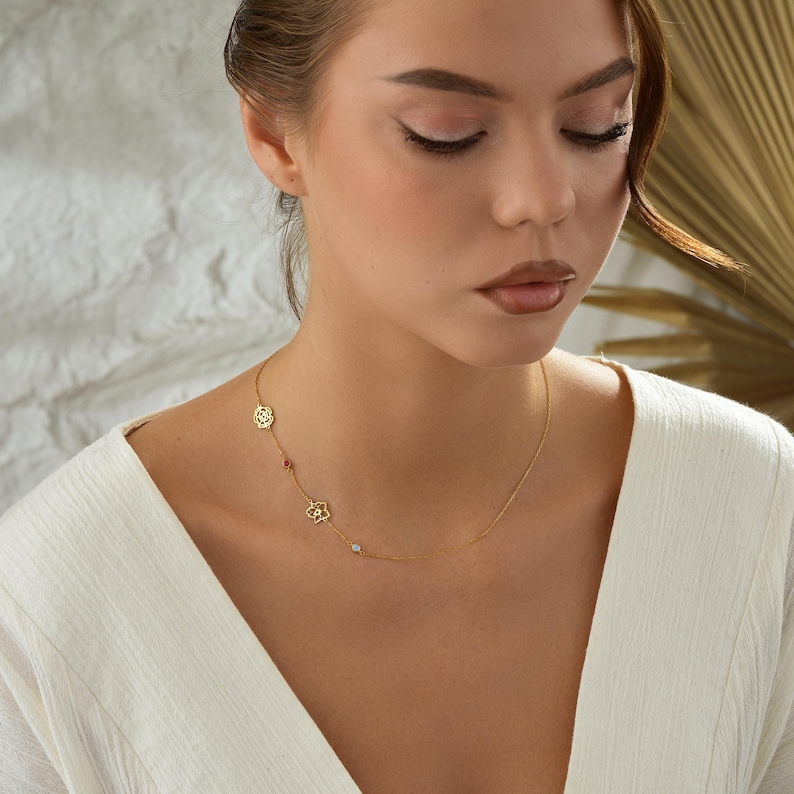Sideway Birth Flower Necklace With Birthstones, Gold Birth Flower ...