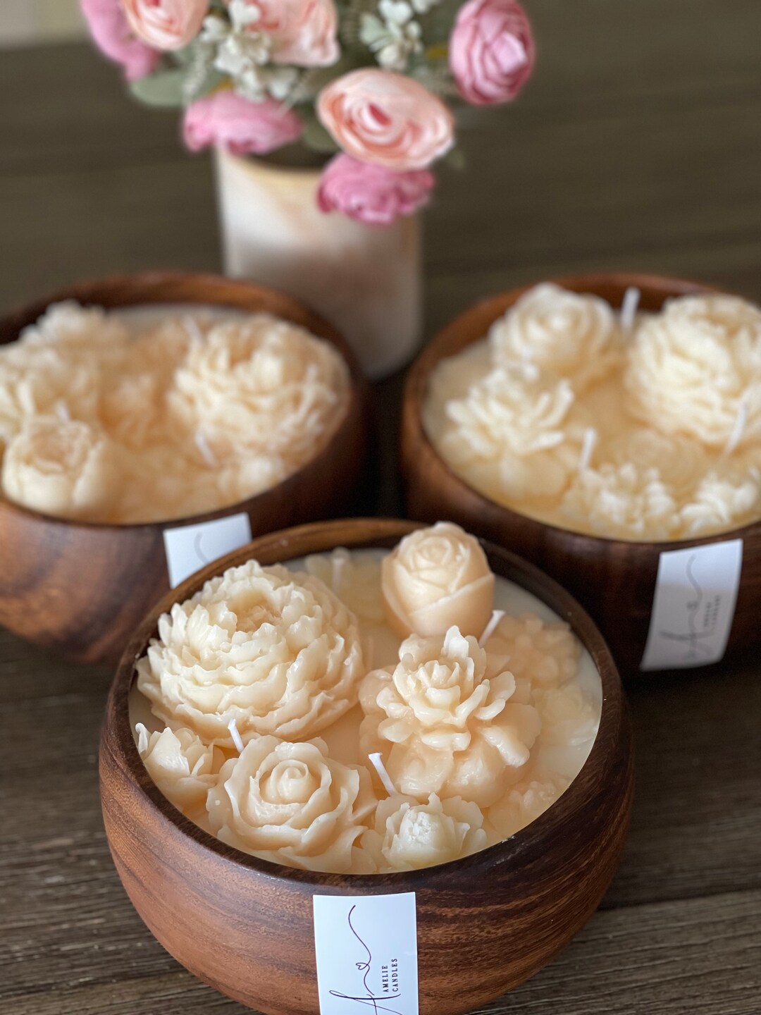 Rustic Wood Dough Bowl Candle Flowers, Handmade Floral Candles, Hand ...