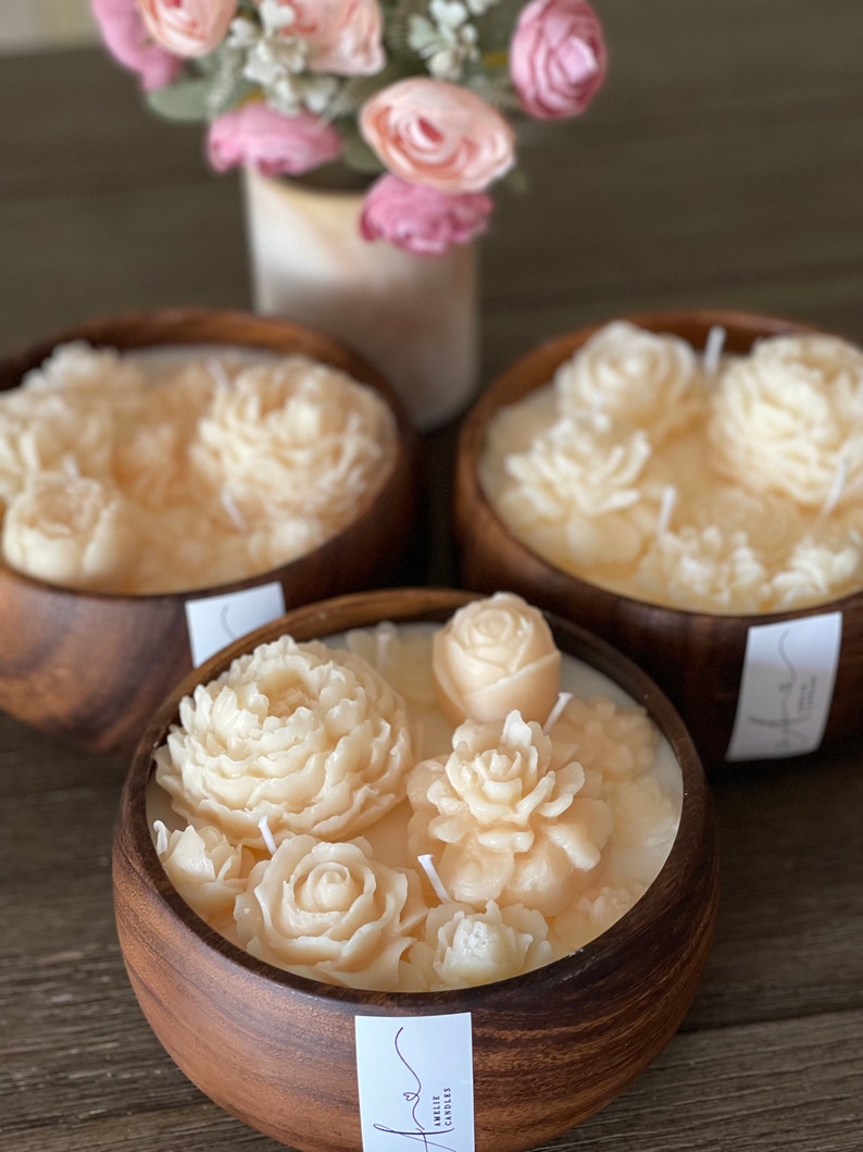 Rustic Wood Dough Bowl Candle Flowers, Handmade Floral Candles, Hand ...