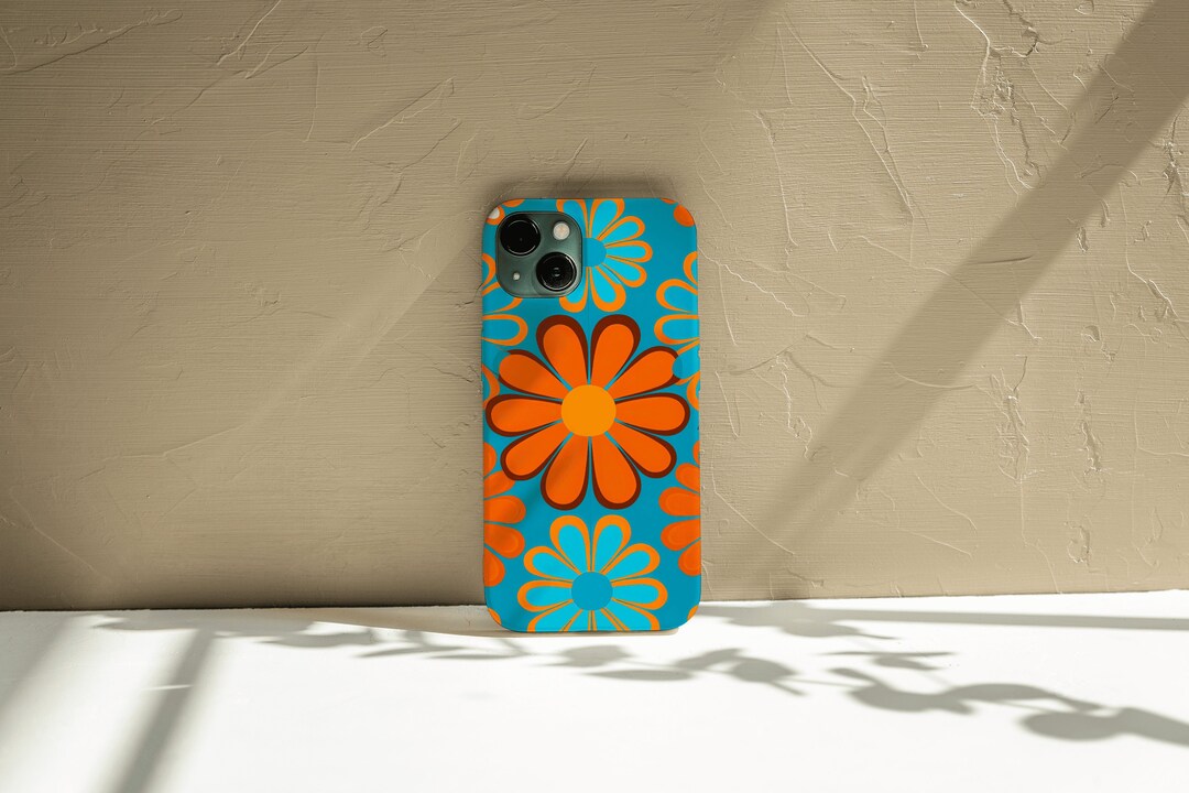 Blue Orange Retro Groovy Flower Phone Case, iPhone 14 13 12 11 X Xr Xs ...