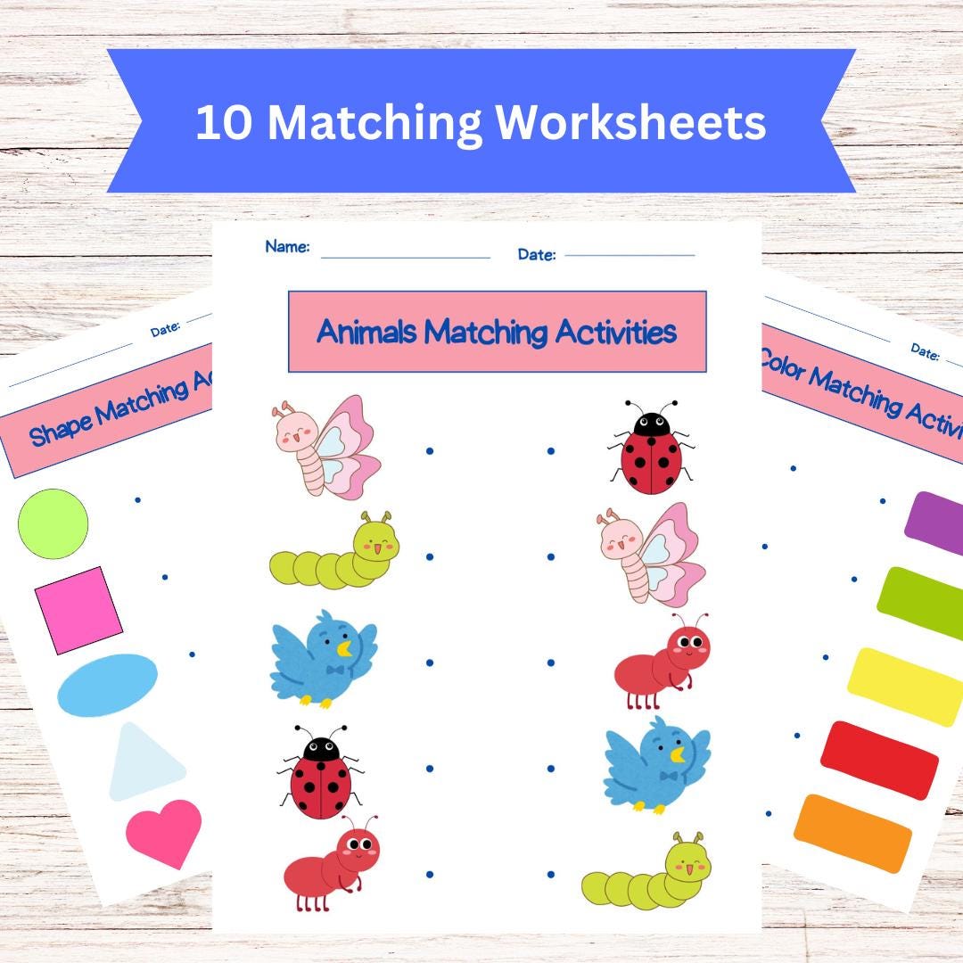 10 Printable Matching Worksheets for Kids, Matching Worksheets, Match ...