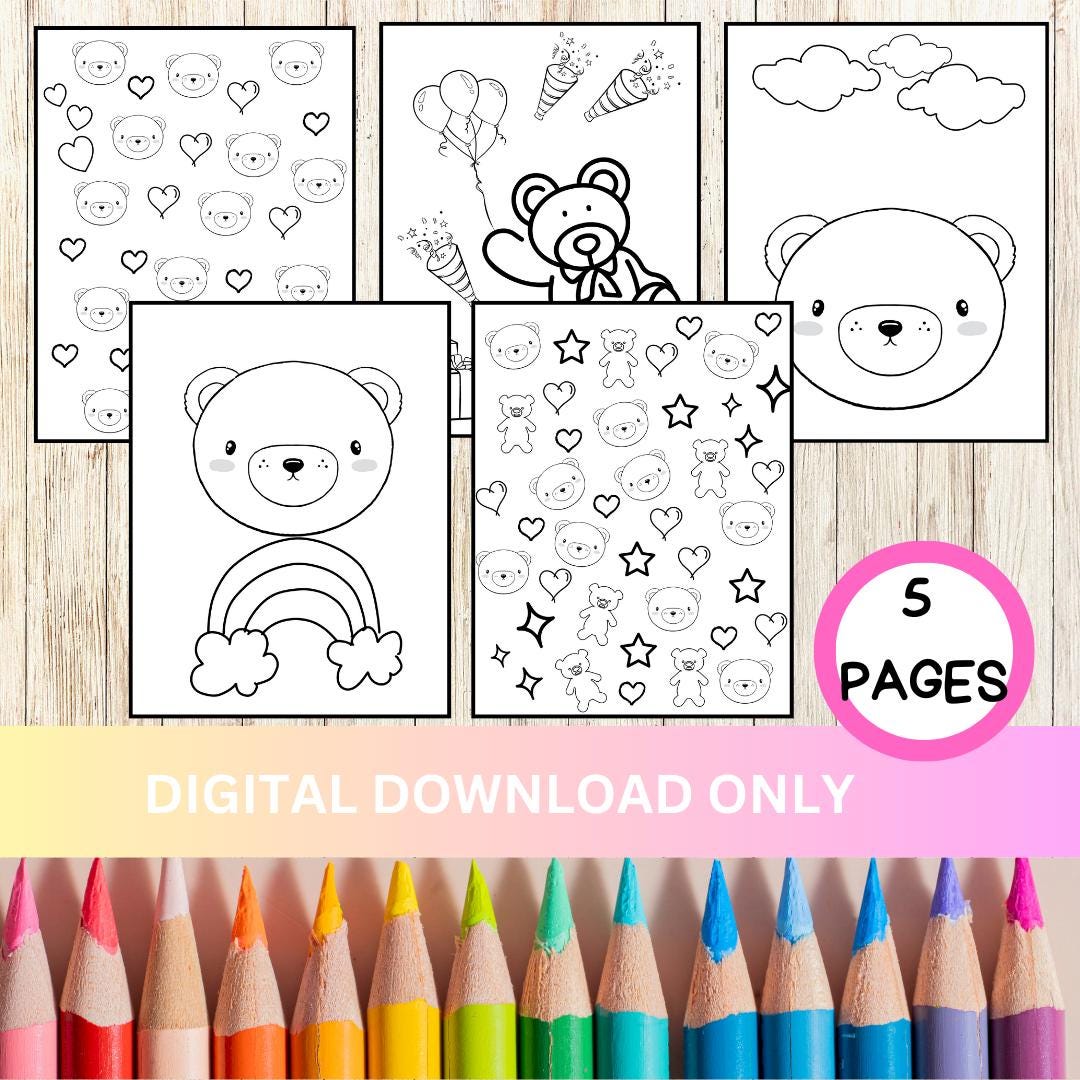 5 Bear Coloring Pages, Printable, Digital, Instant Download, Printable ...