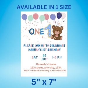 Editable Teddy Bear Theme, 1st Birthday Invite, First Birthday Invite ...