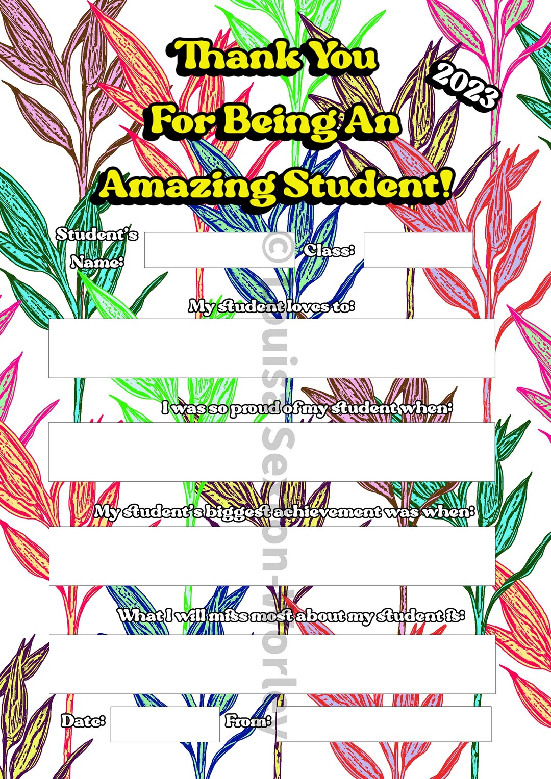 End of Year Thank You Card Fill in the Blank Teacher Card Thank You ...