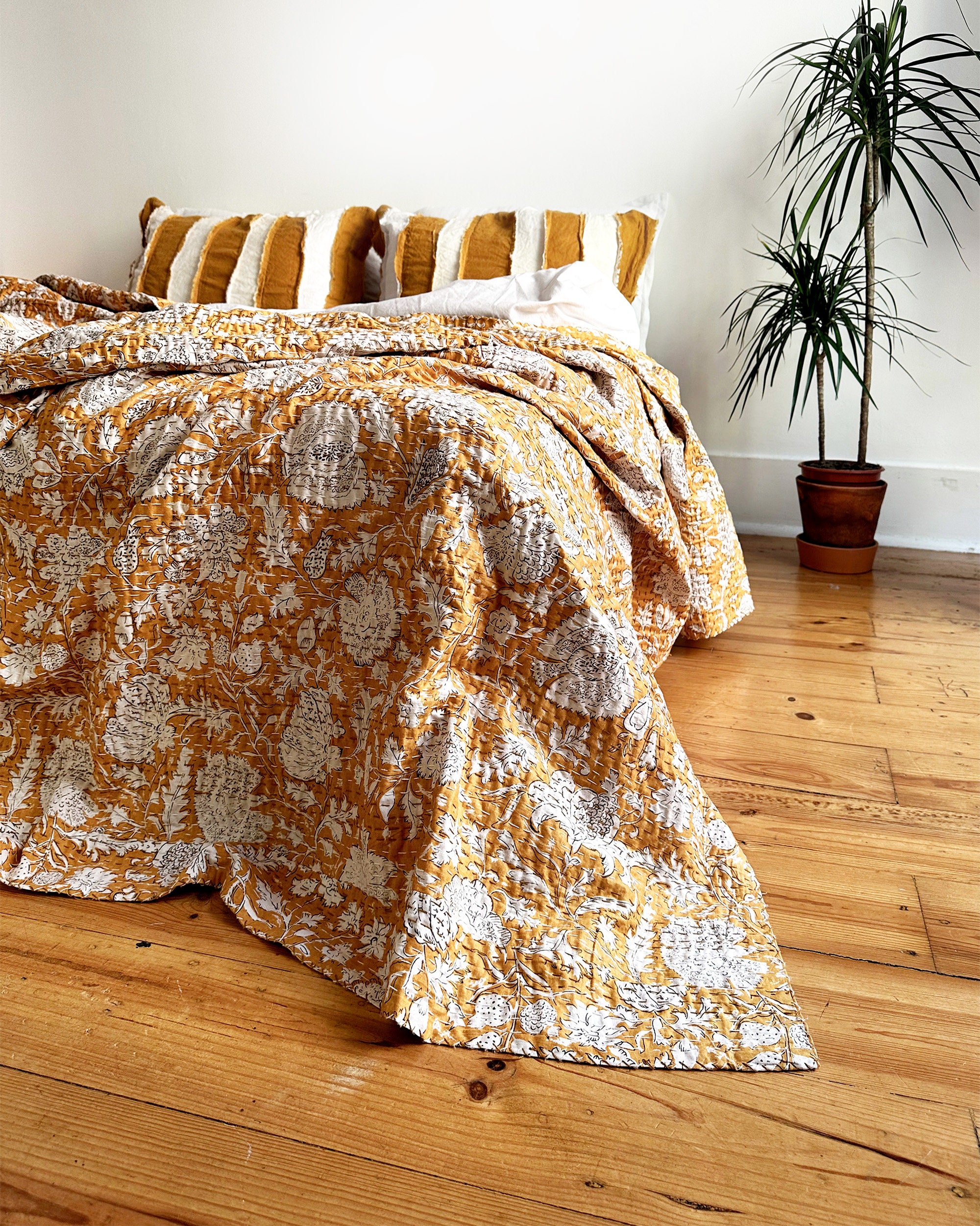 Mustard Floral Kantha Quilt: Hand-stitched Cotton Bedspread Throw - Etsy