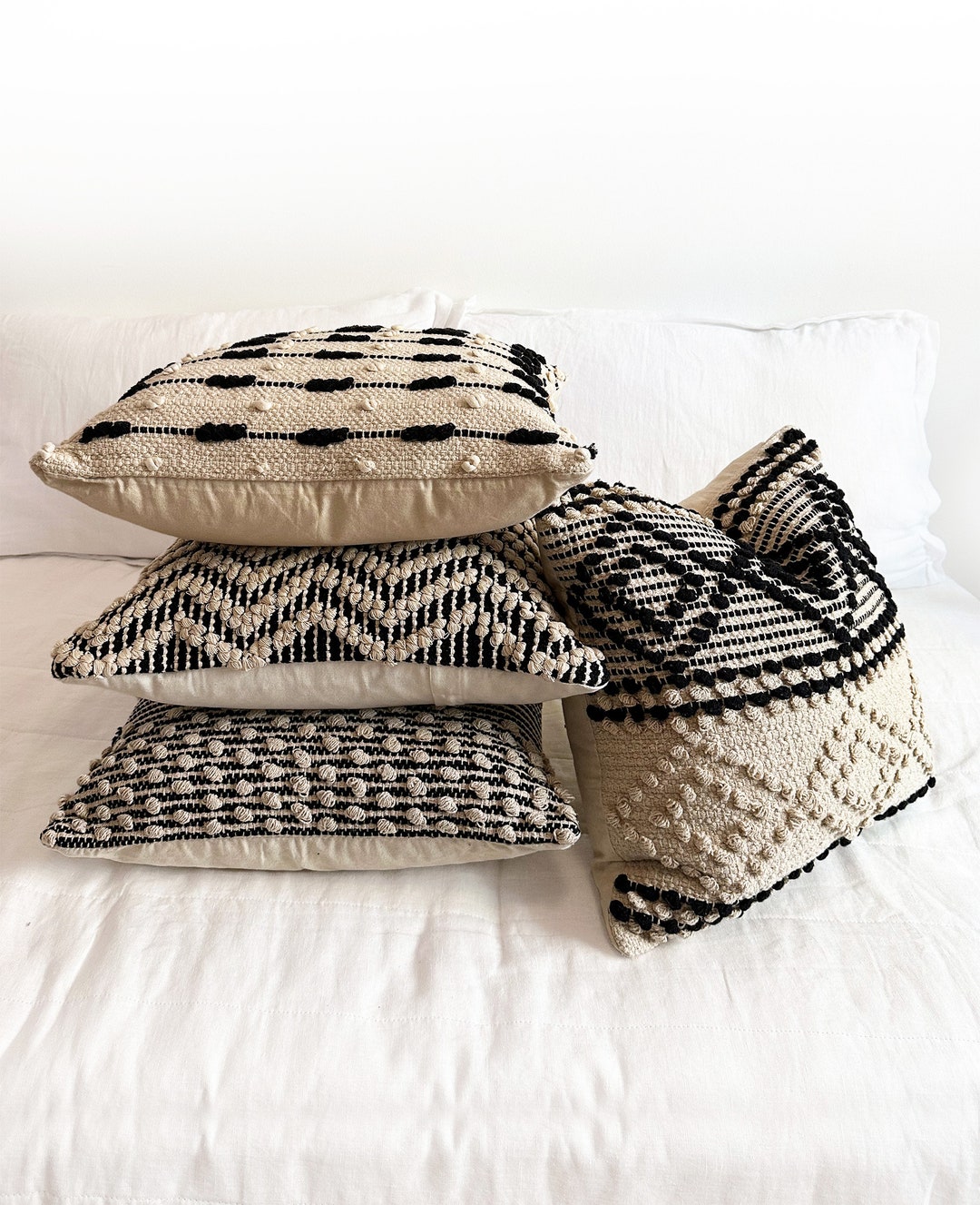 Set of 4 Cream and Black Cushions Textured Boho Monochrome - Etsy UK