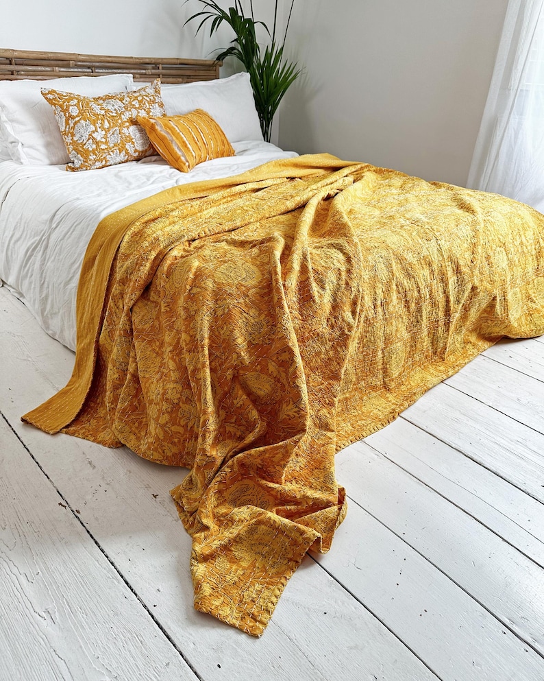 Yellow Floral Kantha Quilt: Hand-printed Cotton Bedspread - King/double ...