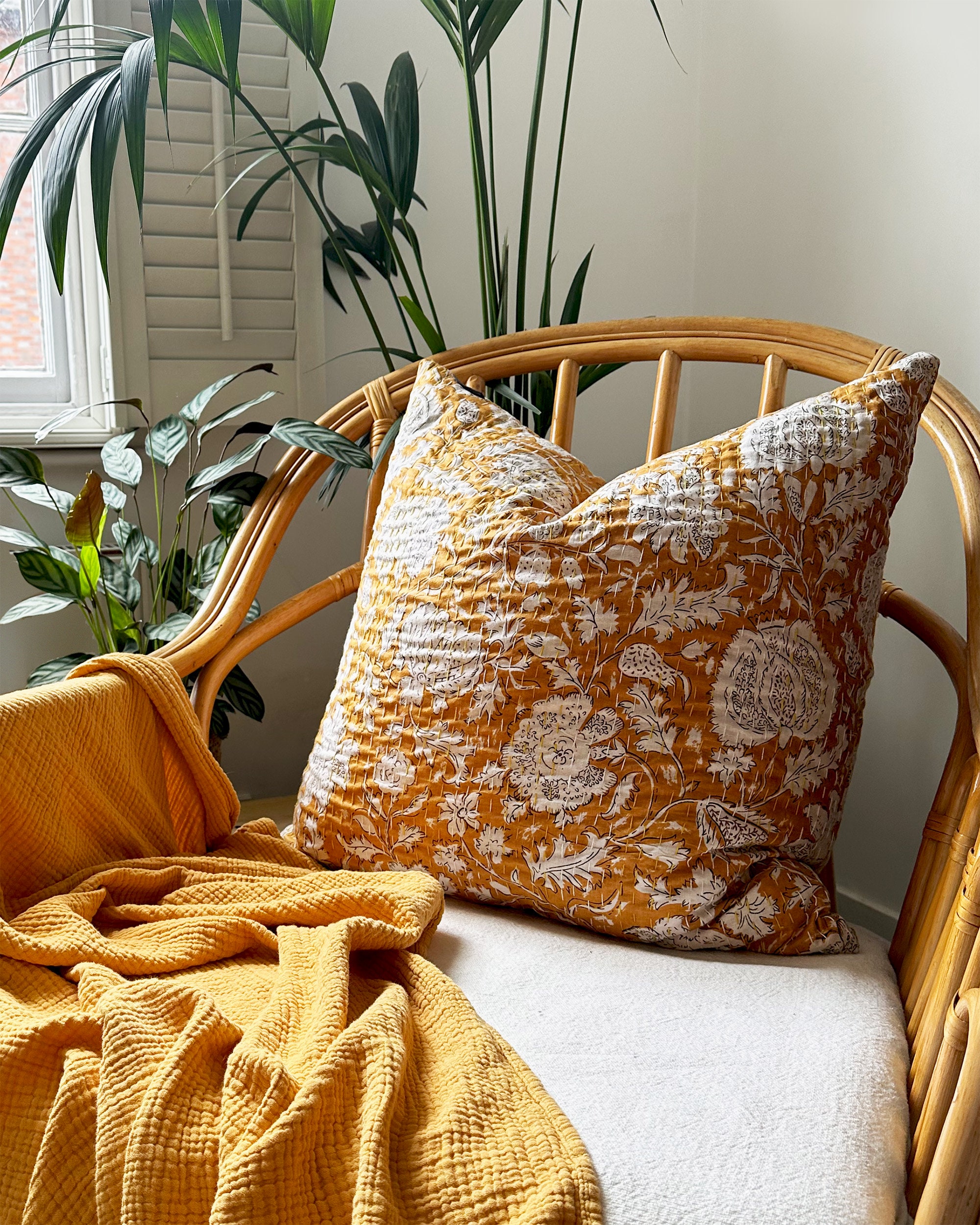 Mustard Yellow Floral Cushion Hand Block Printed Kantha Stitched Cotton ...
