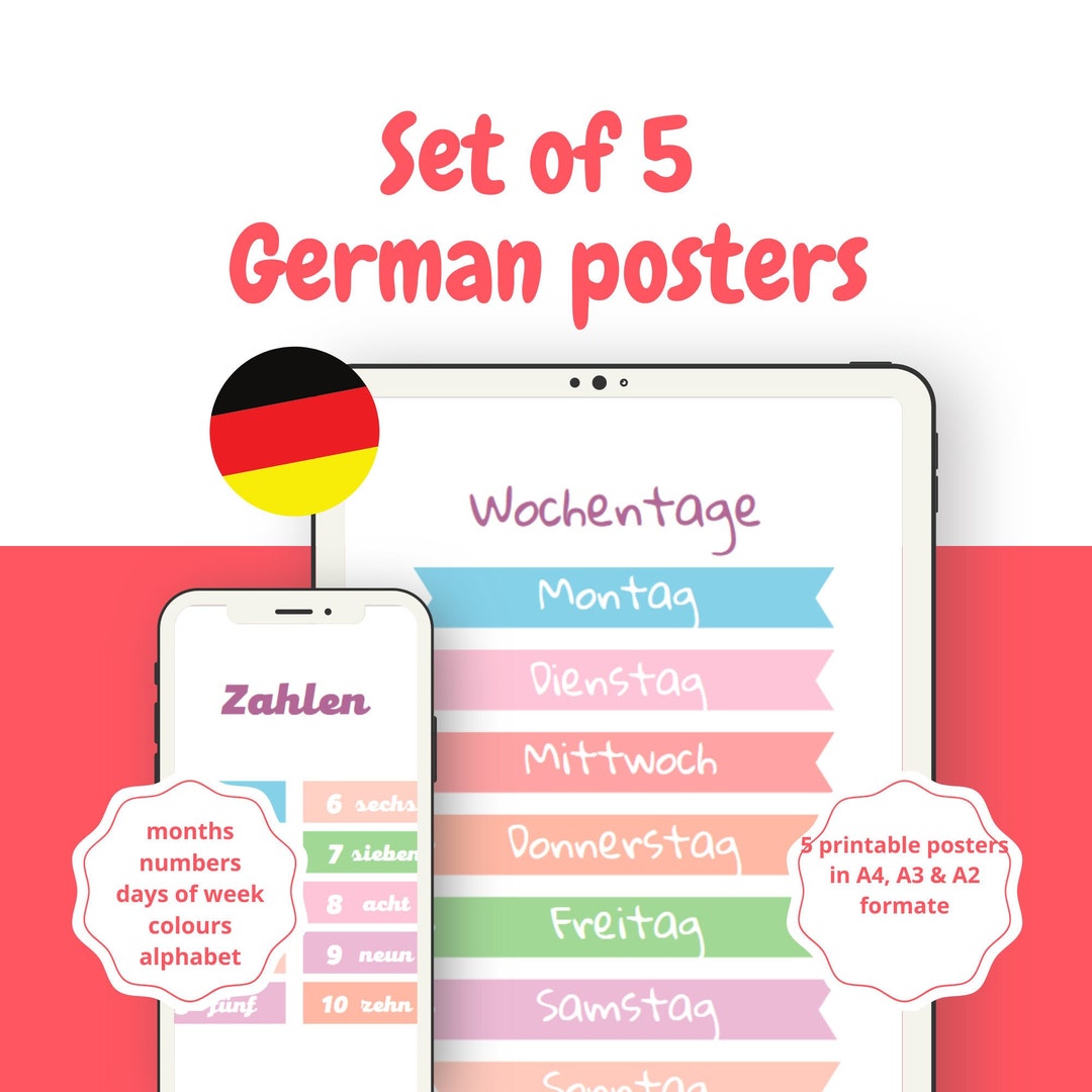 Set of 5 German Posters: Days of the Week, Months, Colours, Numbers ...