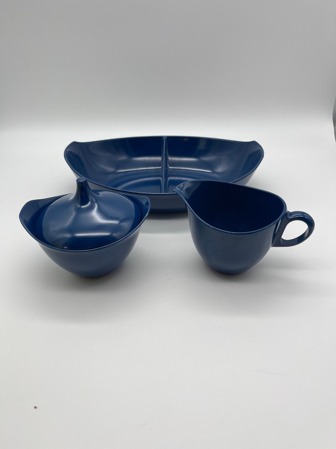 Vintage Oneida Ware Melamine Deep Blue Sugar Creamer & Divided Bowl - Etsy