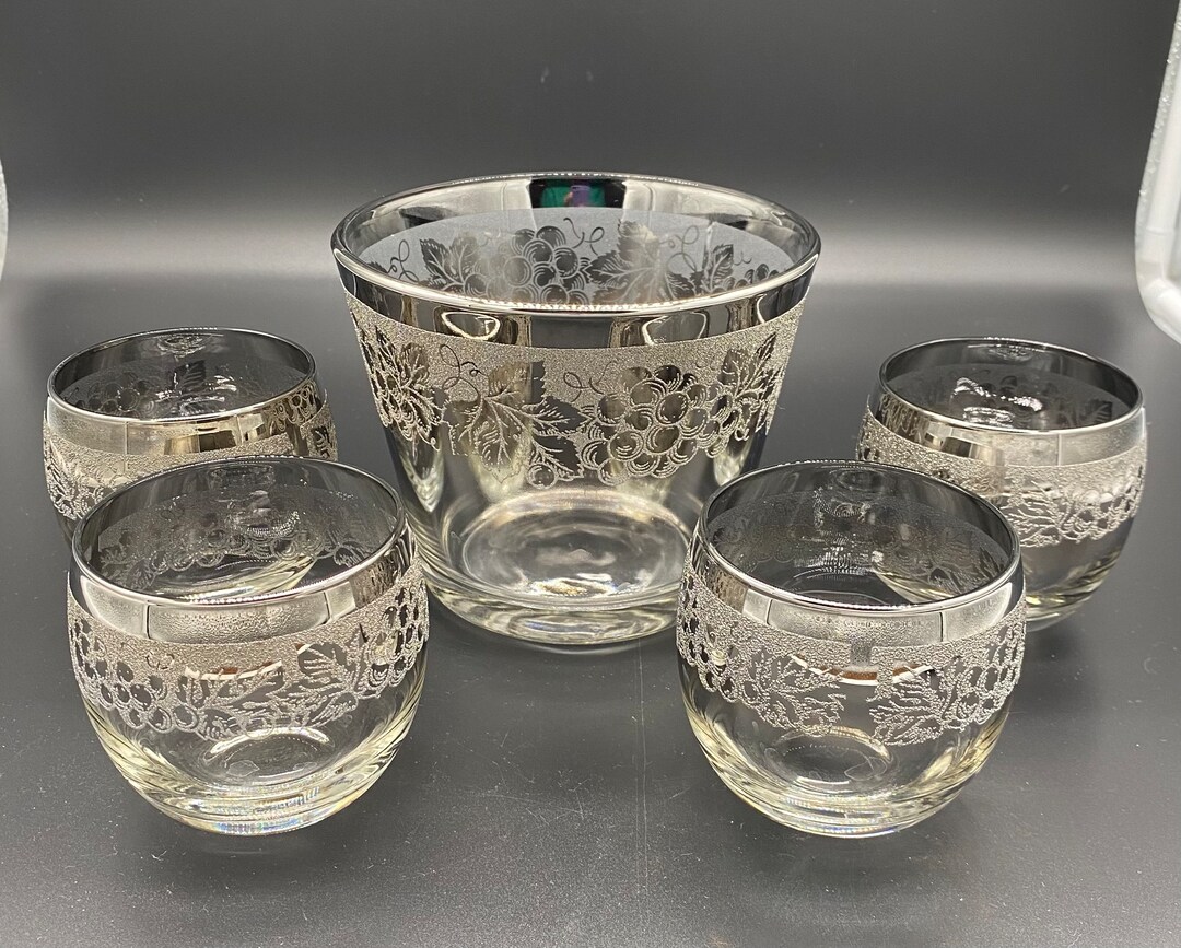 Vintage Vitreon Queen's Lusterware Silver Fade Ice Bucket & Glasses ...