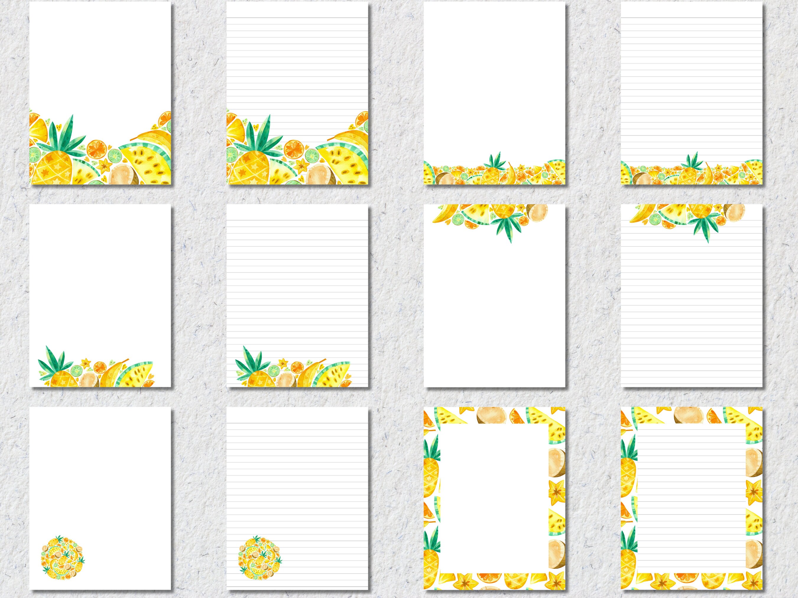 Tropical Fruit Paper Stationery Set Fruity Printable Notepaper Digital ...