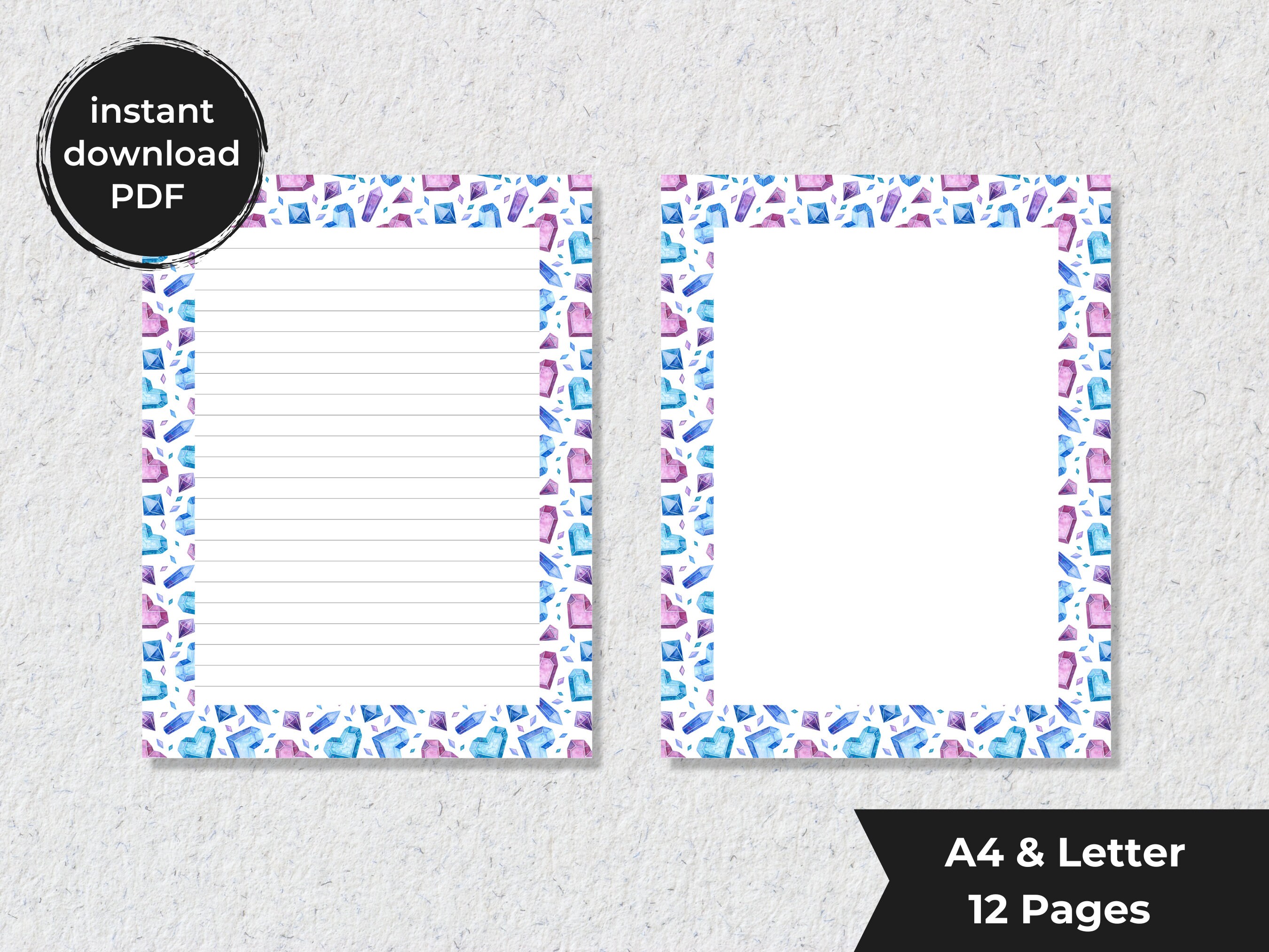 Crystal Gems Paper Printable Stationery Set Jewels Notepaper Digital ...