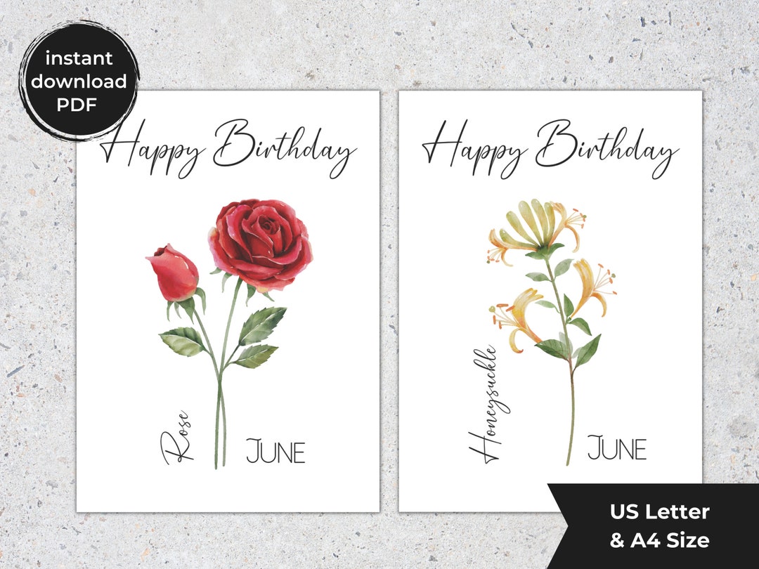 June Birth Month Printable Greeting Card, Birthday Flower Cards, Blank ...