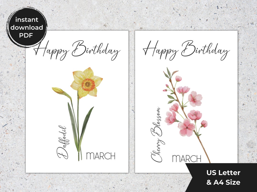 March Birth Month Printable Greeting Card, Birthday Flower Cards, Blank ...