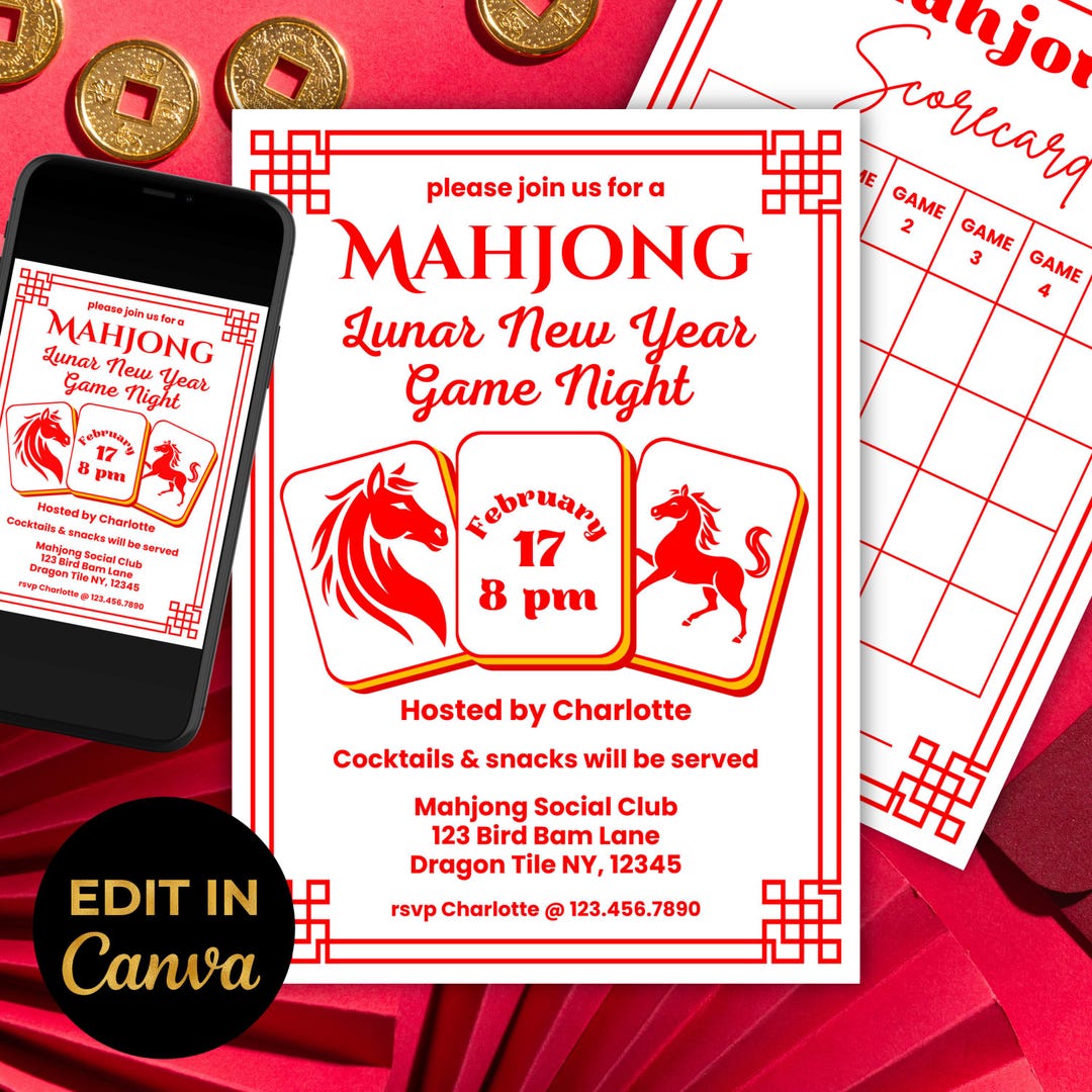 Mahjong Lunar New Year Party Invitation Template Mahjong Horse Tiles ...