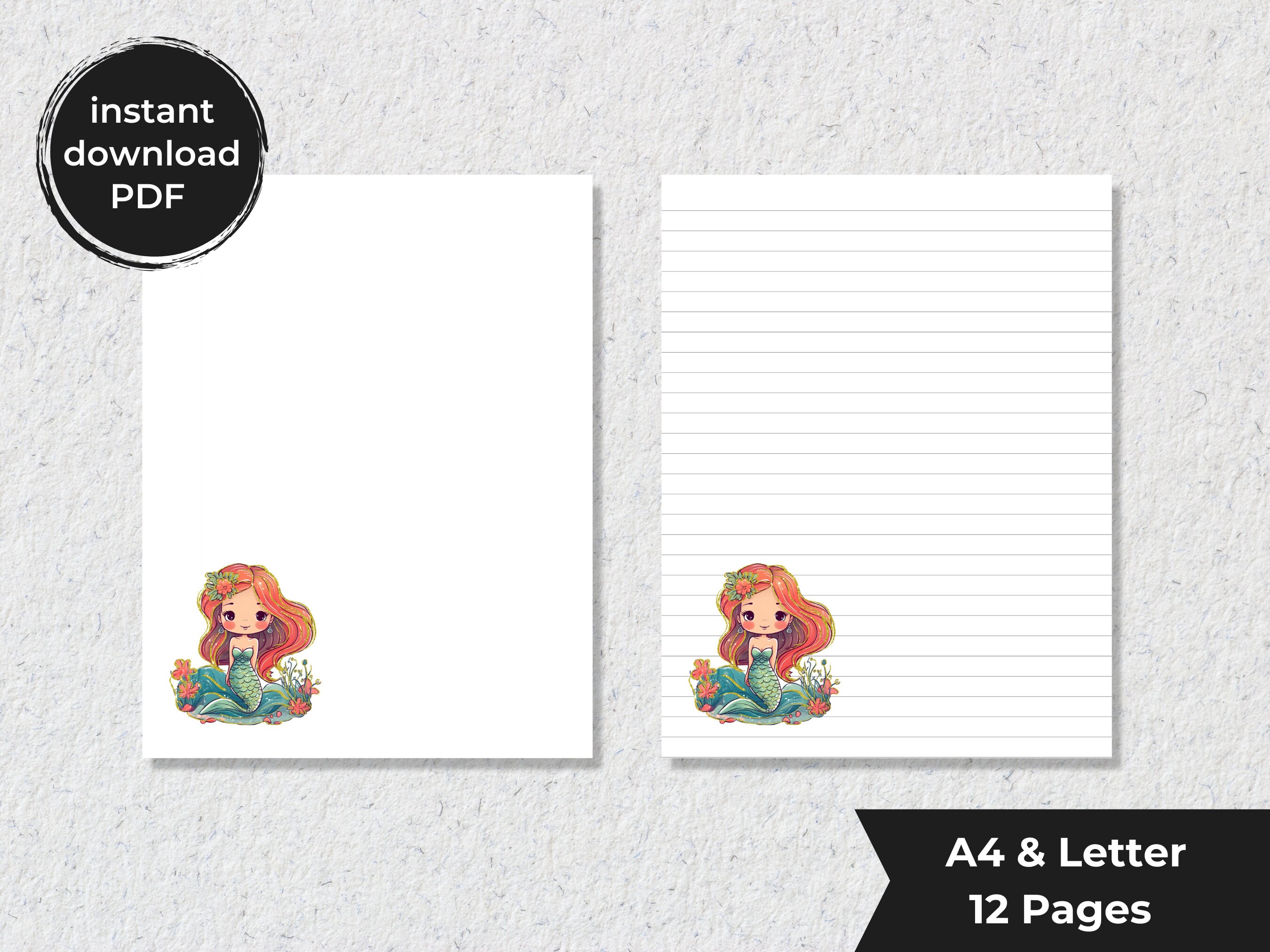 Mermaid Paper Stationery Set Sea Princess Printable Notepaper Digital ...