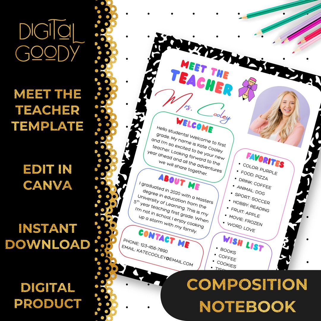 Meet the Teacher Template Composition Notebook Style Canva Printable ...