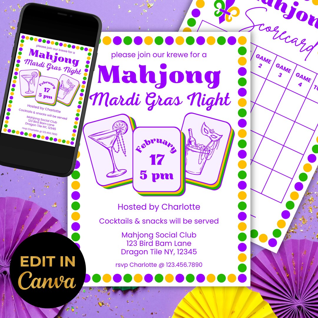 Mahjong Mardi Gras Party Invitation Template Mahjong Cocktail Tiles ...