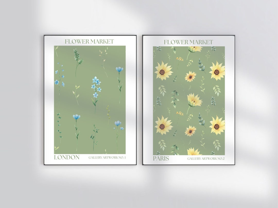 Botanical Flower Market Posters, Sage Green Prints, Floral Living Room ...