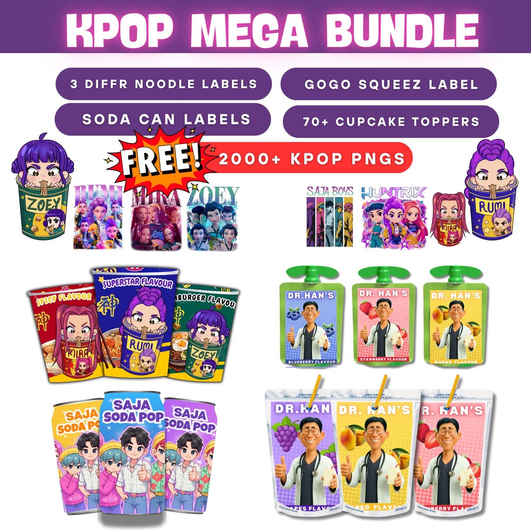 Kpop Demon Hunters Party Printable Bundle, Cupcake Topper, Kpop Ramen ...
