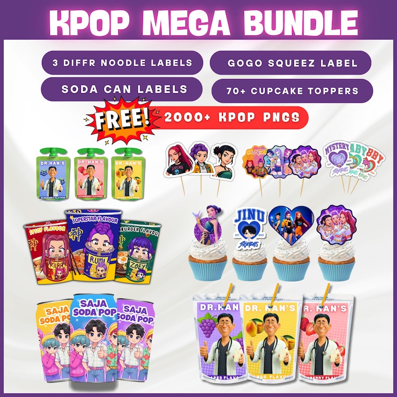 Kpop Demon Hunters Party Printable Bundle, Cupcake Topper, Kpop Ramen ...
