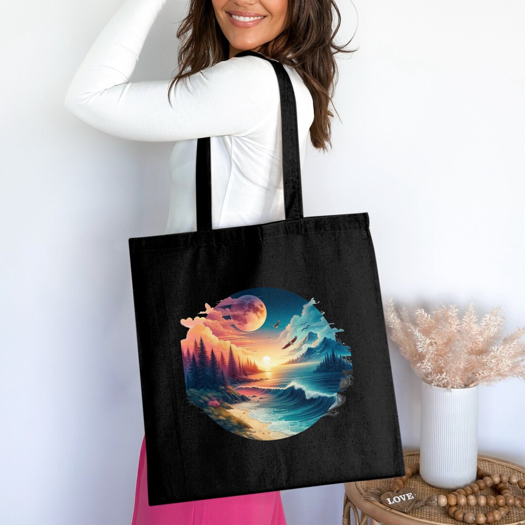 Nature Landscape Tote Bag, Ocean Waves Forest Mountain Moon Art, Eco ...