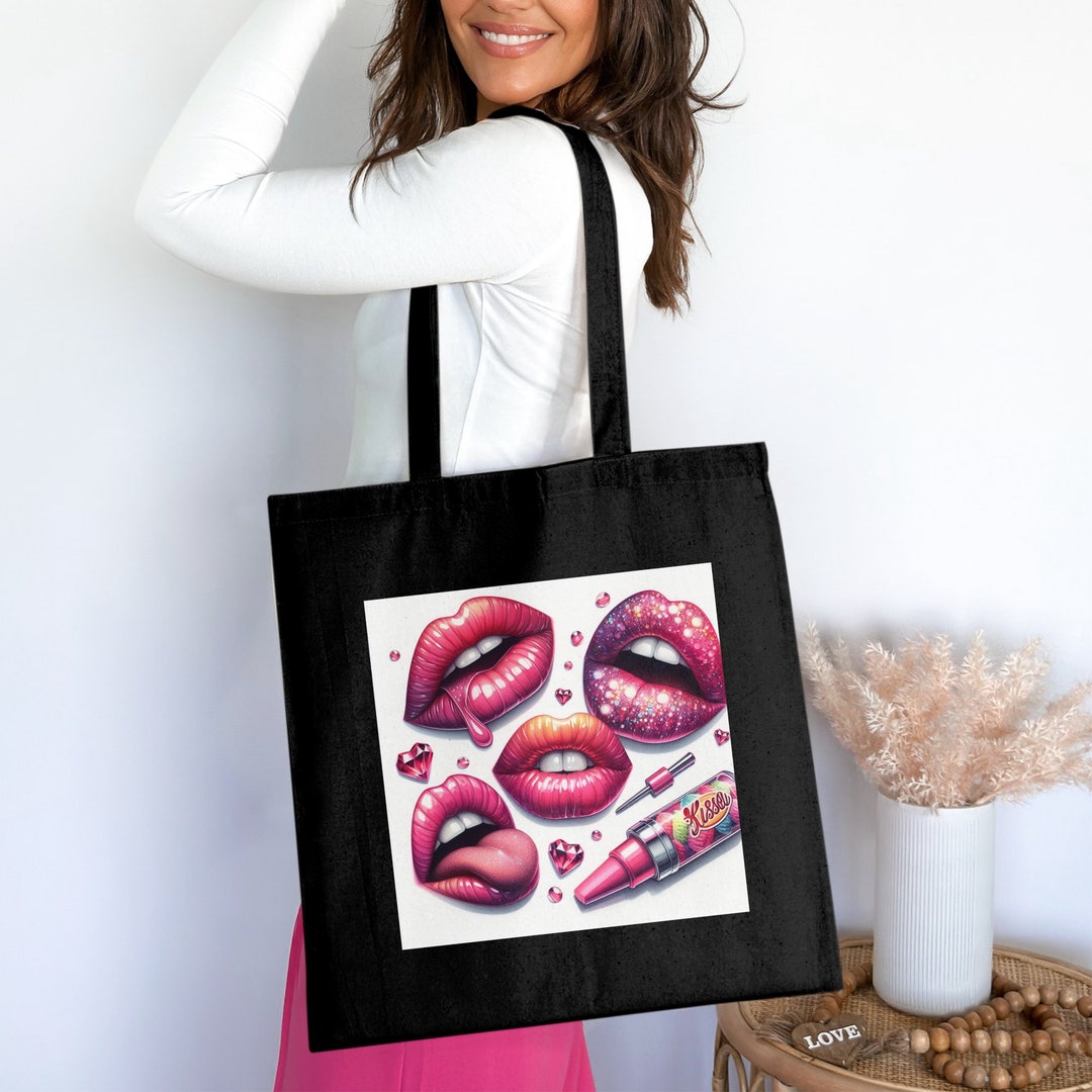 Glamorous Lipstick and Kiss Tote Bag, Sparkly Lips Canvas Bag ...