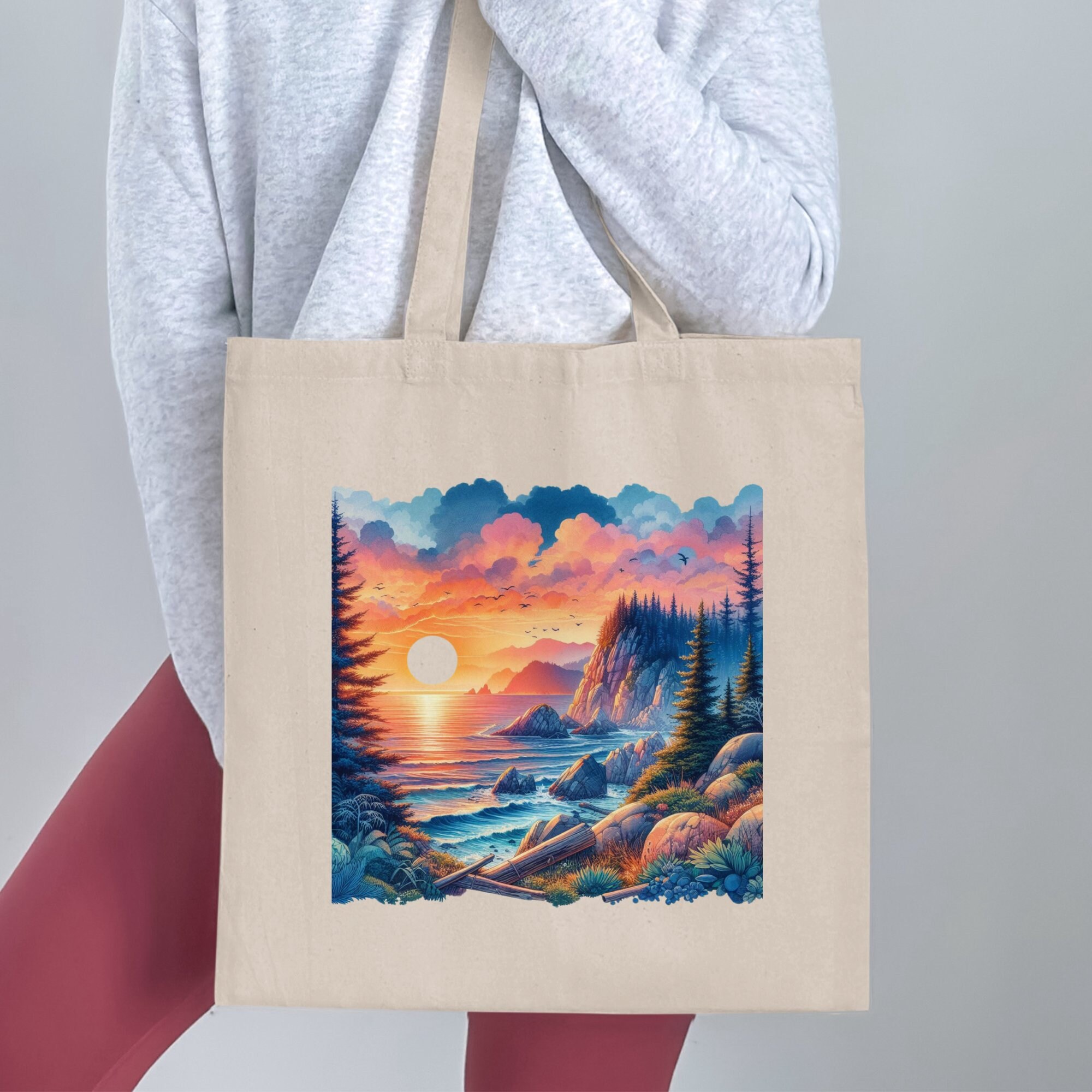 Scenic Sunset Beach Tote Bag, Vibrant Ocean Landscape Canvas Tote ...