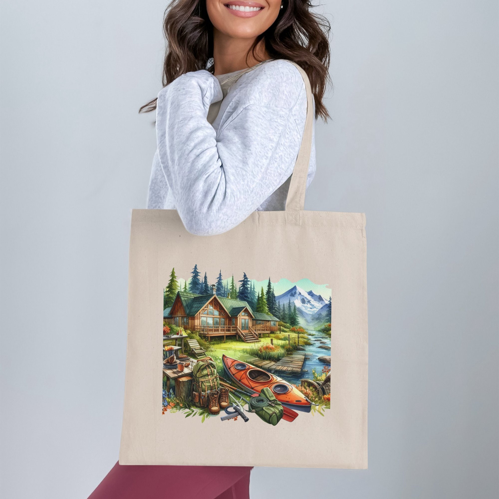 Rustic Cabin Mountain Lake Scene Tote Bag, Outdoor Adventure Canoe ...