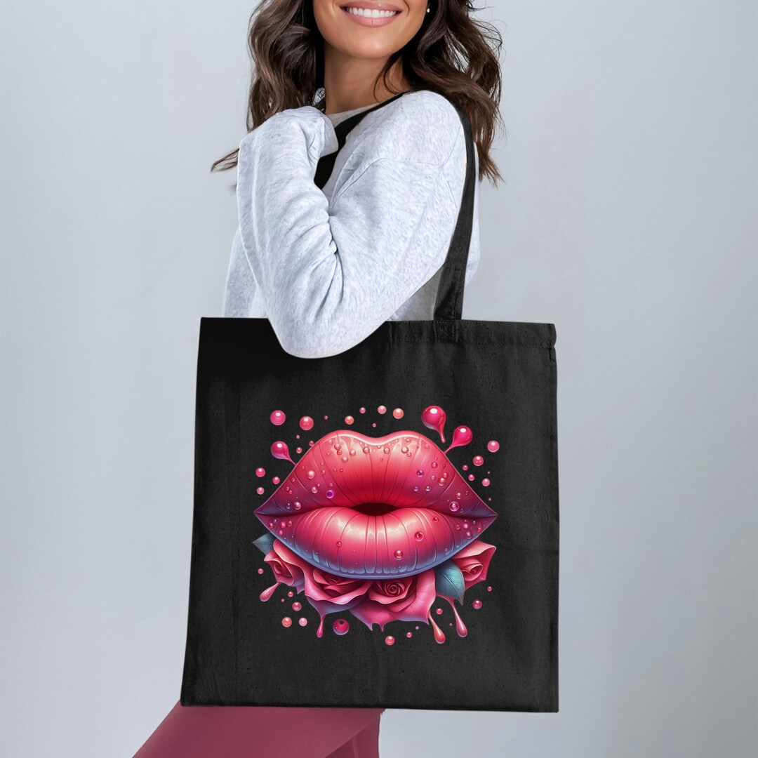 Pink Lips Tote Bag, Glossy Lips With Roses Graphic, Fashionable ...