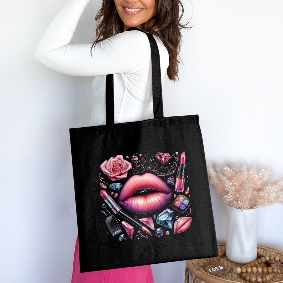 Kiss Me Makeup Tote Bag, Lips and Roses Fashion Accessory, Gemstones ...