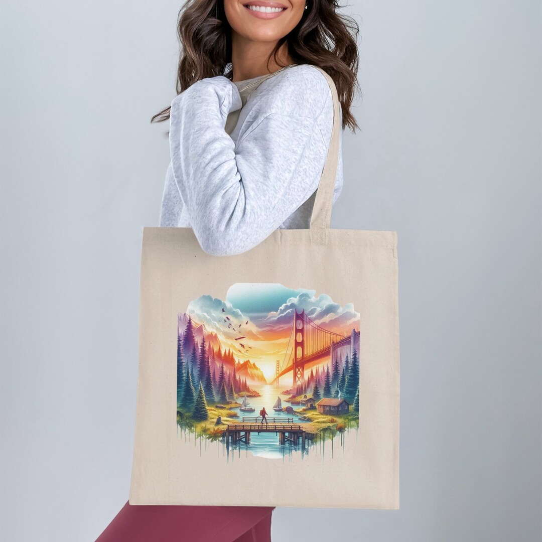 Scenic Landscape Tote Bag, Vibrant Nature Print, Golden Gate Bridge Art ...