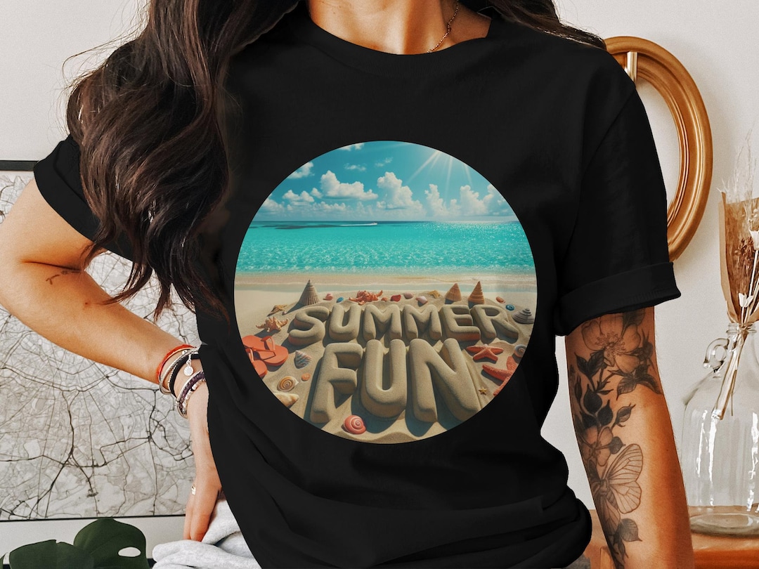 Summer Fun Beach Scene T-shirt, Tropical Ocean Graphic Tee, Casual ...