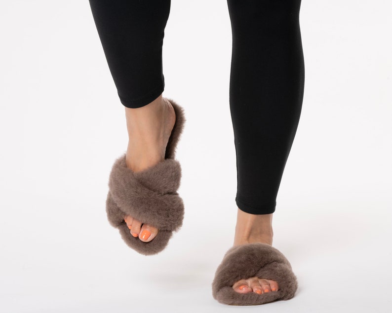 Genuine Handcrafted Sheepskin Crossover Slippers, Fluffy Slides - Etsy