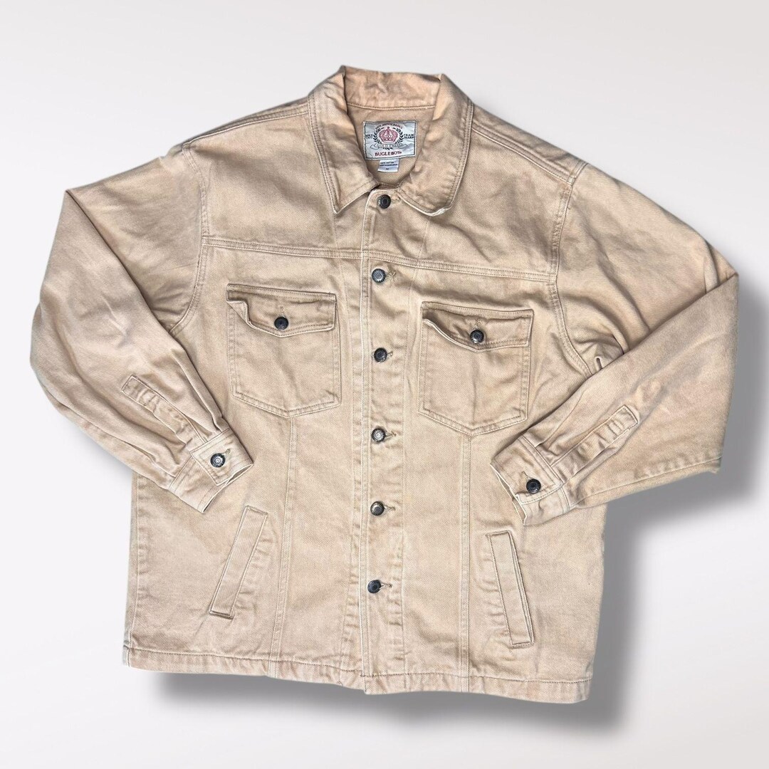 Vintage Bugle Boy Gold Crest Denim Jacket 100% Cotton Tan Twill Work ...