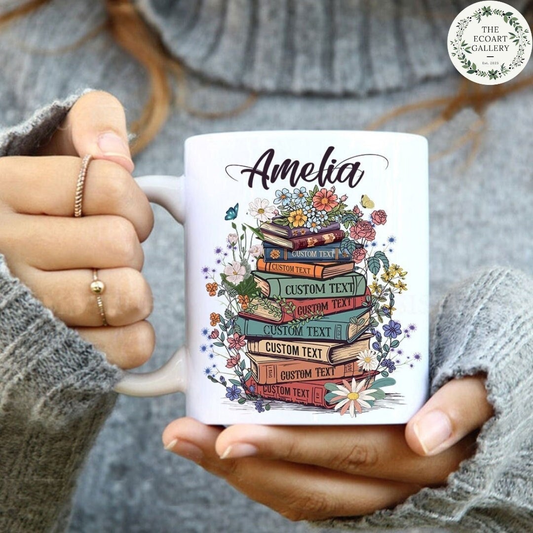 Personalized Floral Books Mug, Custom Book Title & Name Cup, Favorite ...