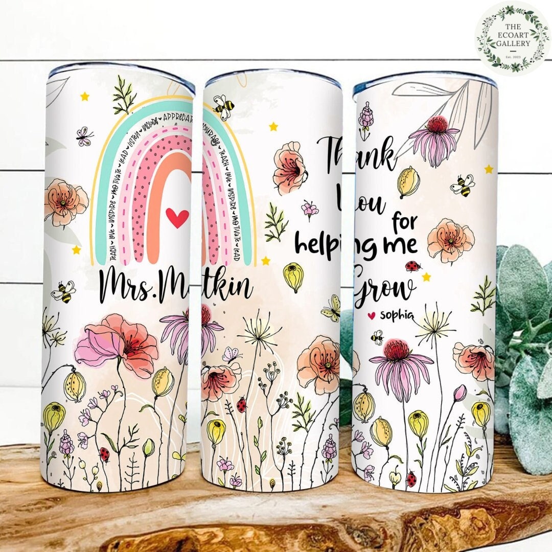 Personalized Watercolor Floral Teacher Tumbler, Custom Name Teacher ...