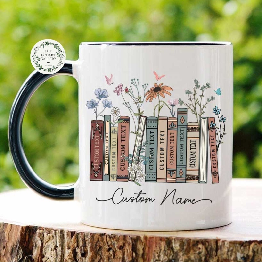 Personalized Floral Books Mug, Favorite Bookshelf Coffee Mug, Custom ...