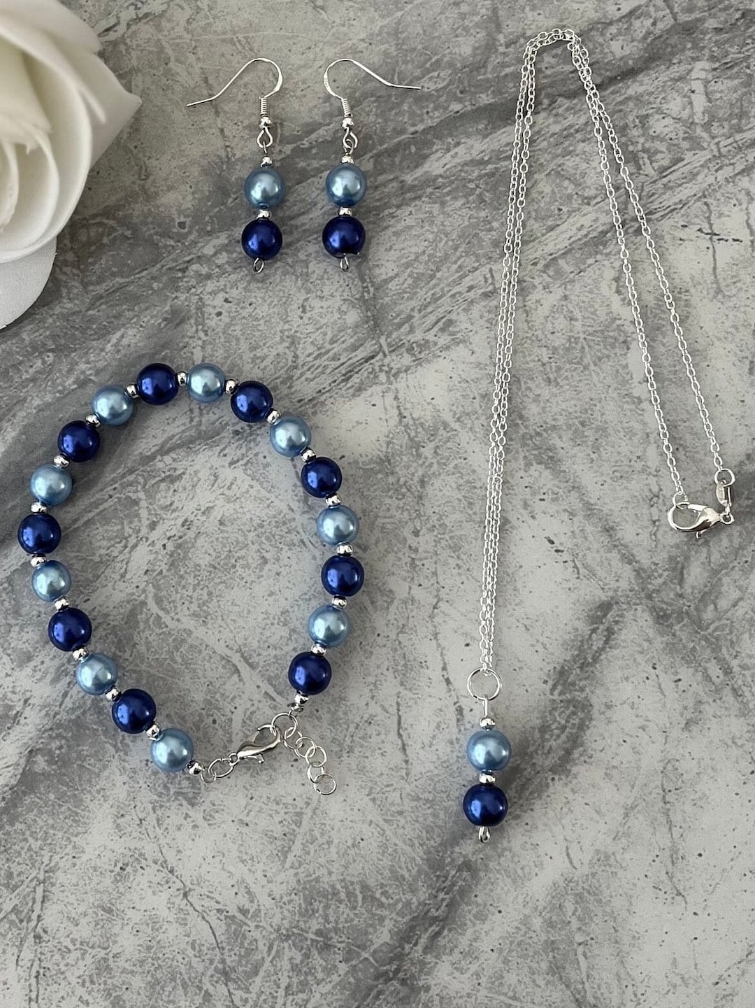 Navy Blue Pearl Jewelry Set, Silver Plated Necklace, Earrings, Bracelet ...