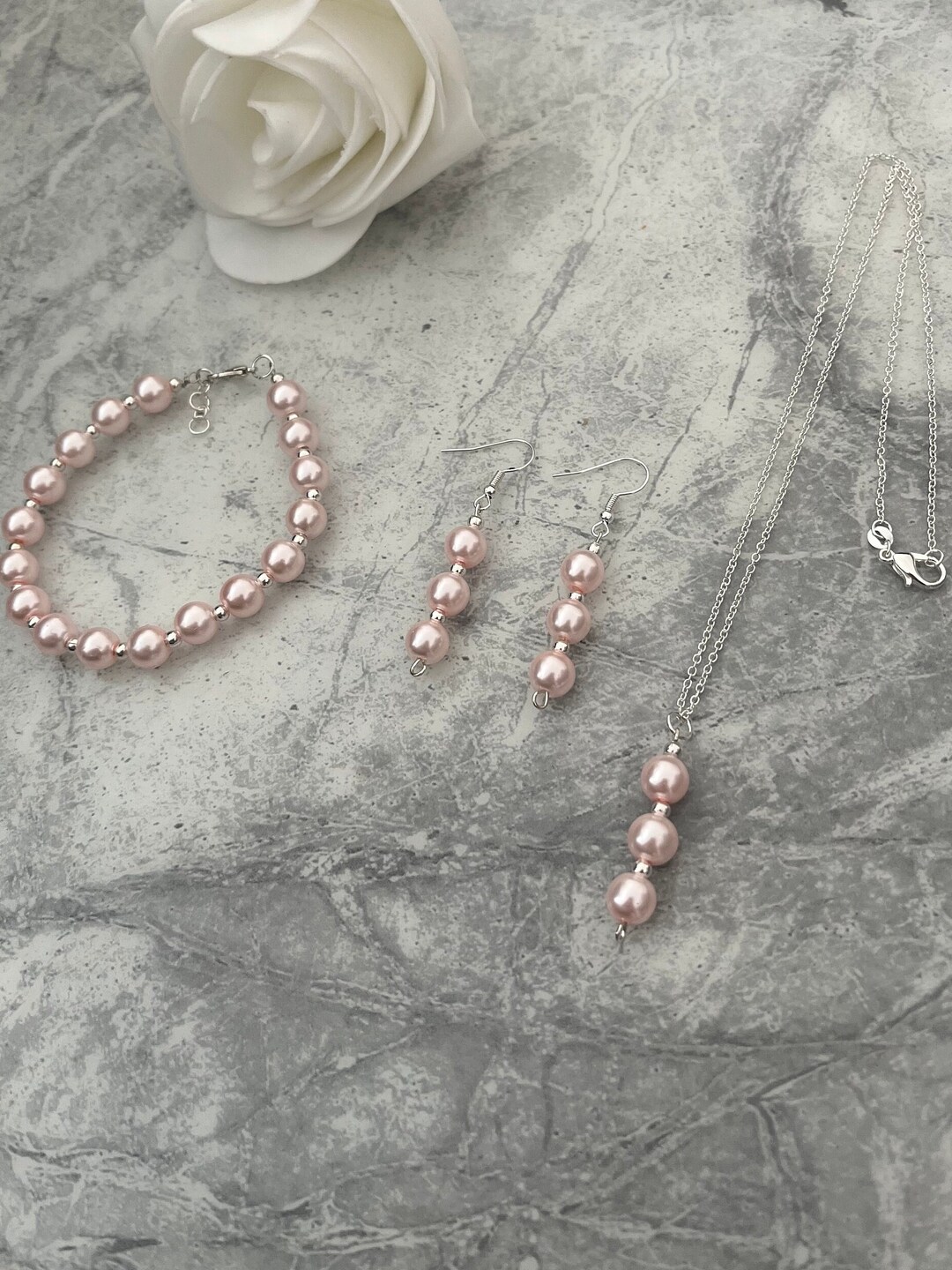 Pink Pearl Set. Necklace, Earrings and Bracelet. Handmade With Love for ...