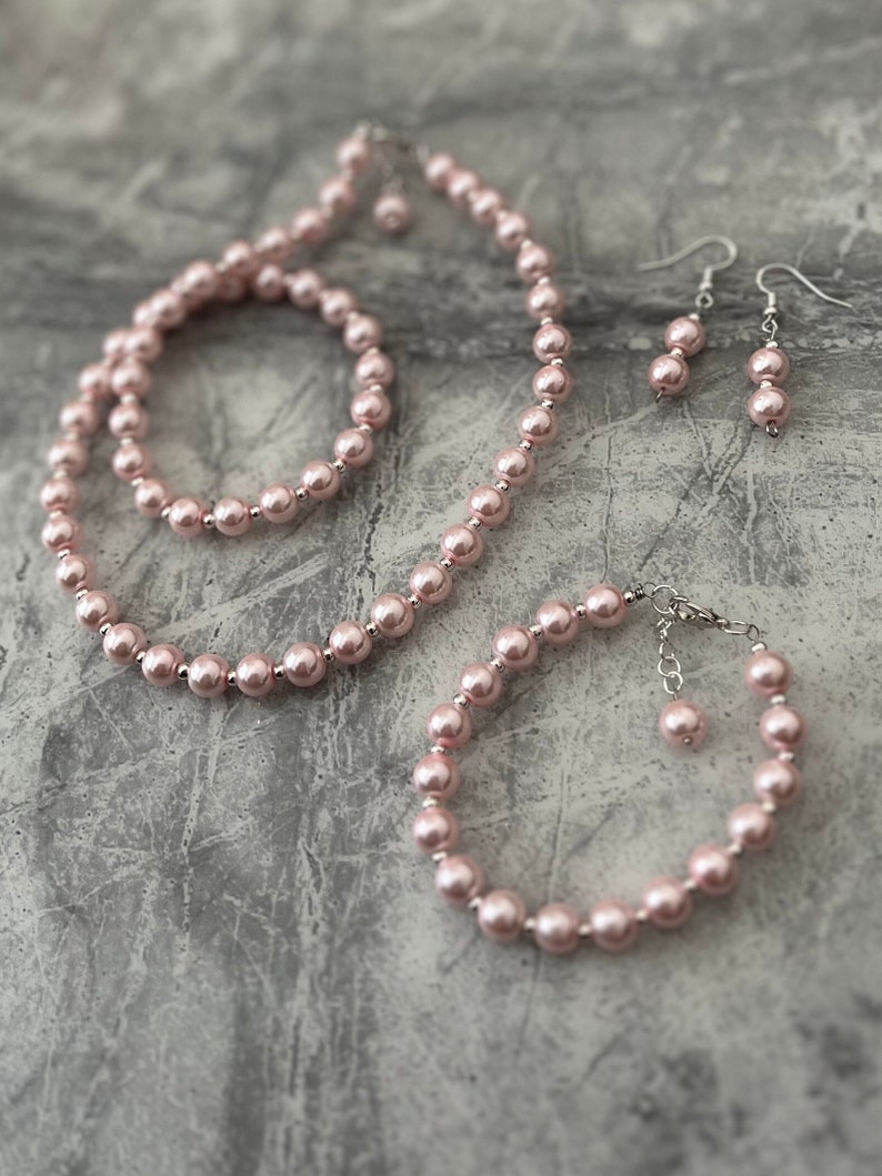 Pink Pearl Set. Necklace, Earrings and Bracelet. Handmade With Love for ...