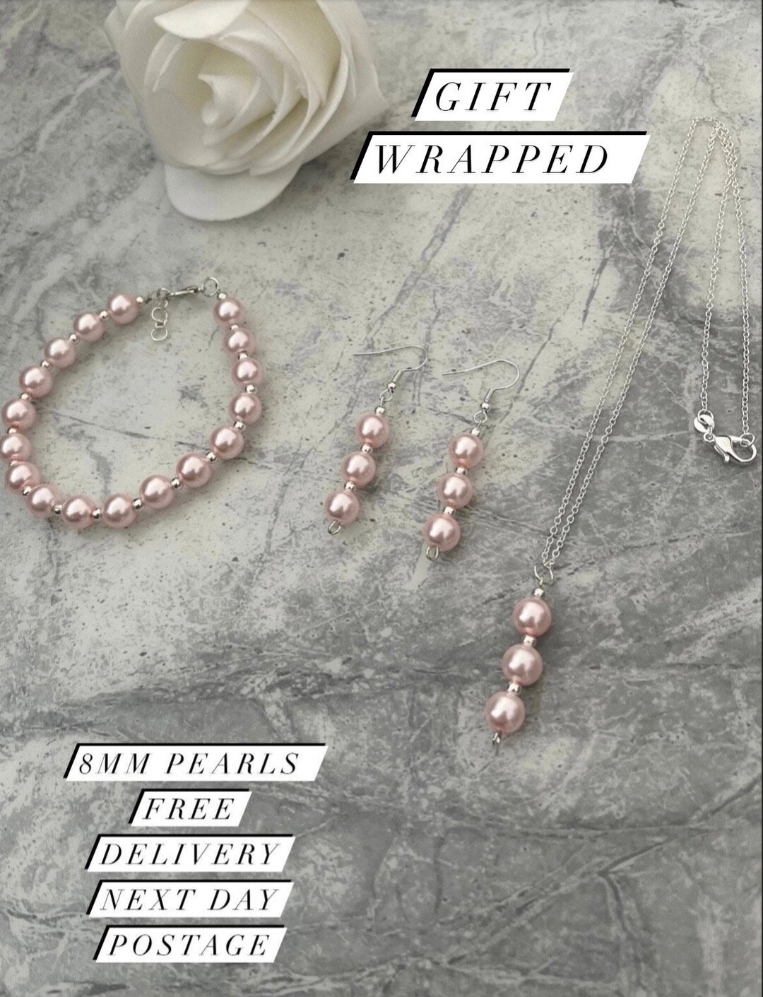 Pink Pearl Set. Necklace, Earrings and Bracelet. Handmade With Love for ...