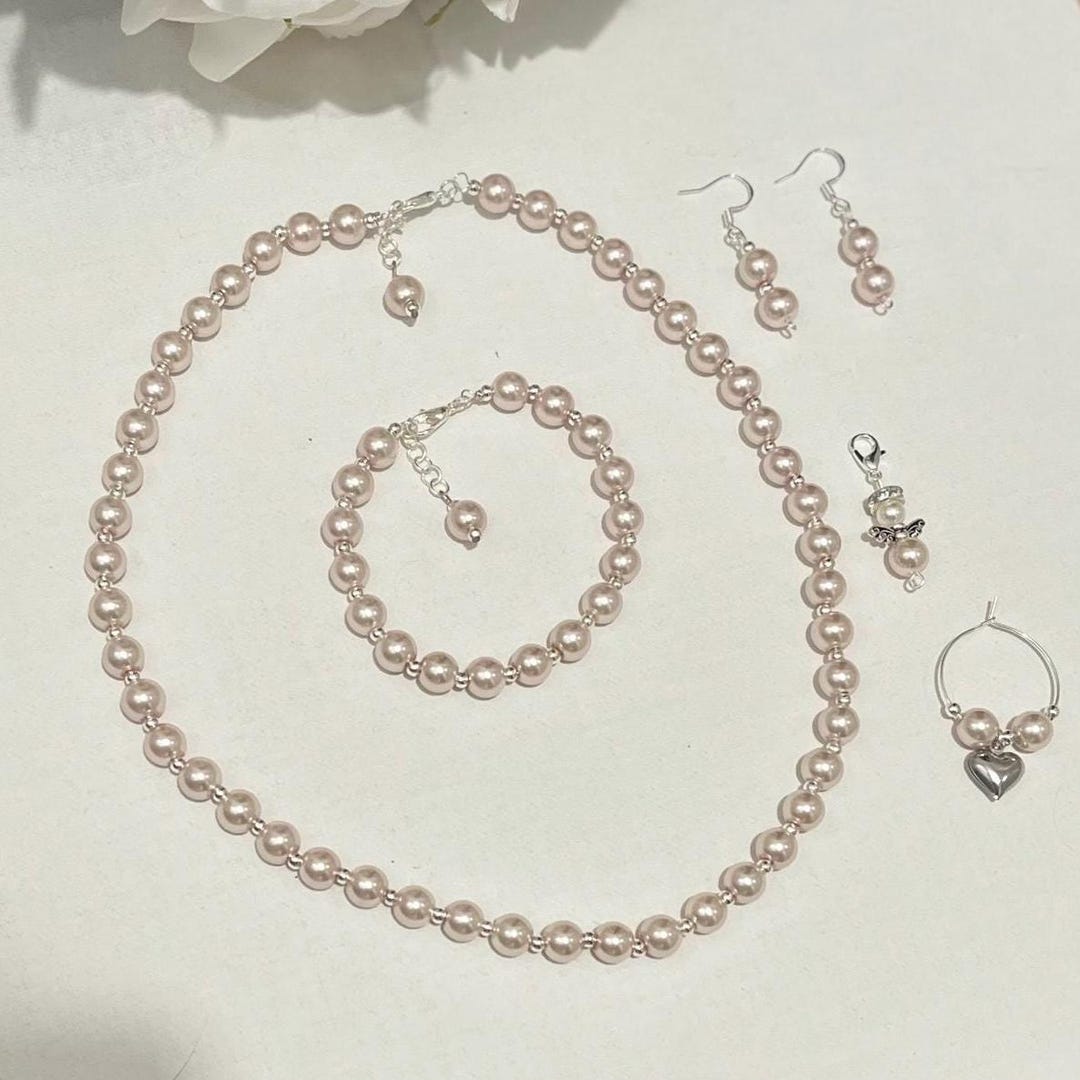 Pink Pearl Set. Necklace, Earrings and Bracelet. Handmade With Love for ...